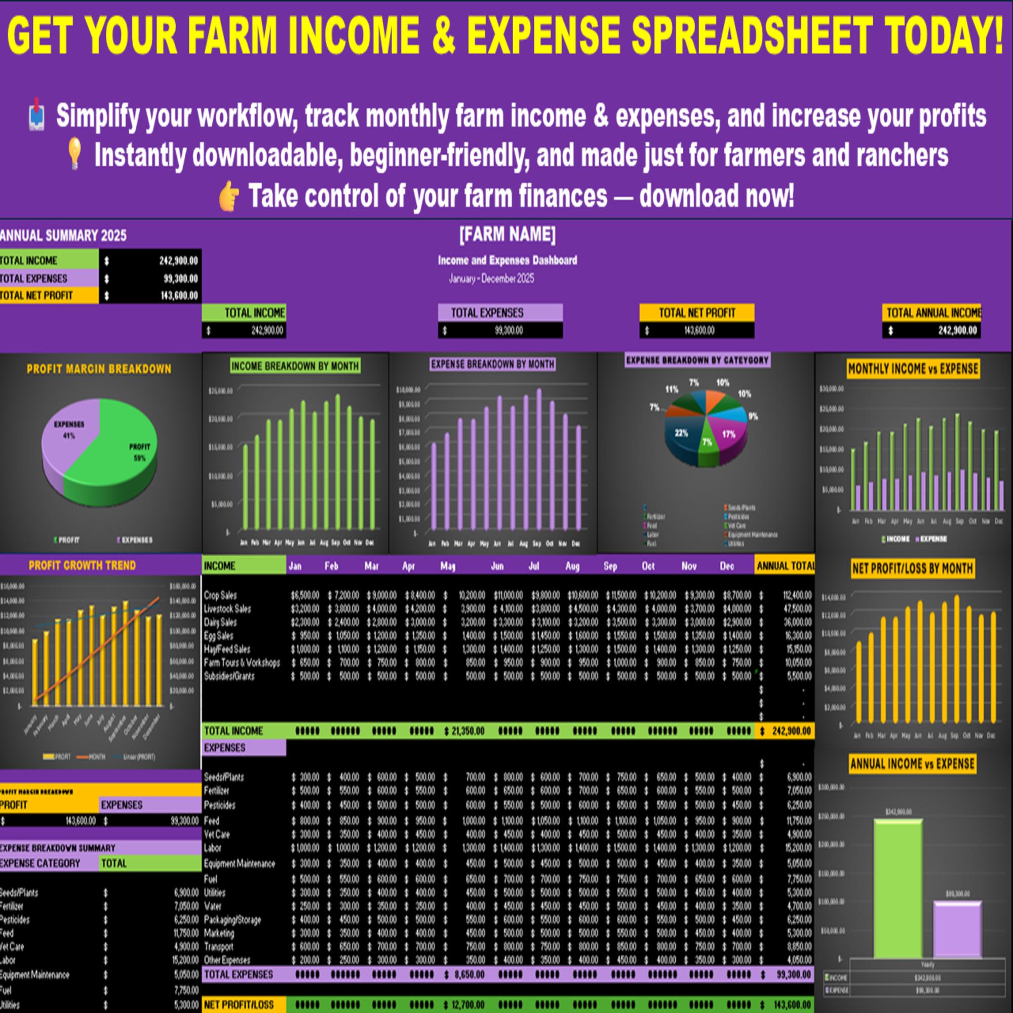 Farm Income Expense Tracker | Excel Bookkeeping Spreadsheet for Farmers ...