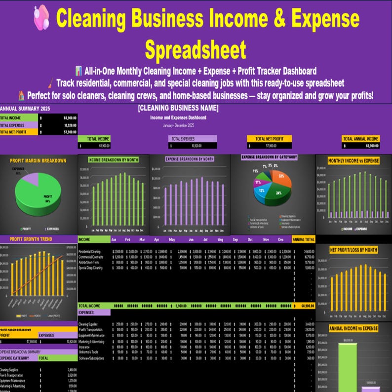 Cleaning Business Income & Expense Tracker: Excel Spreadsheet (digital ...