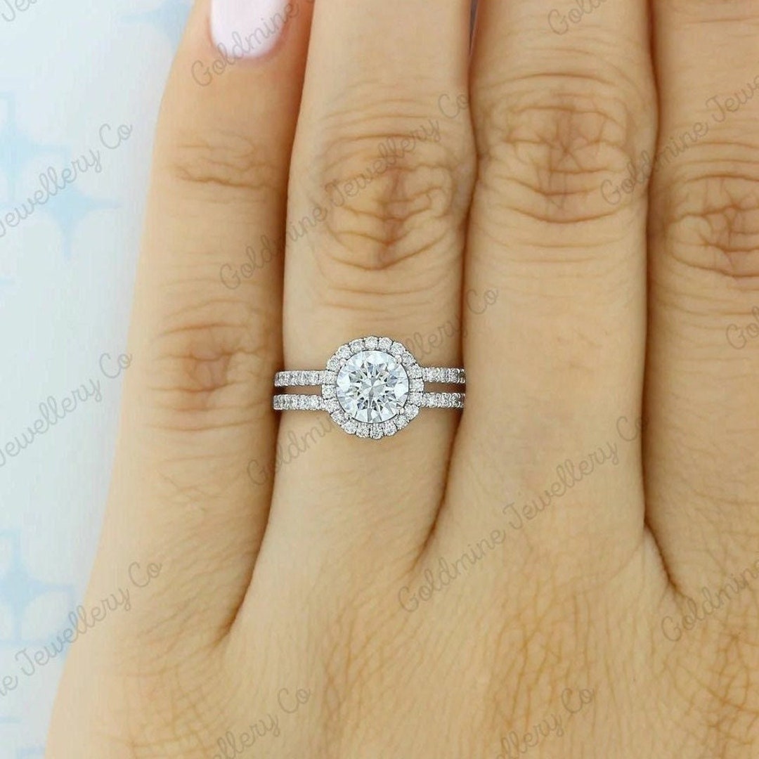 Round Cut Double Band With Cathedral Style Ring, 14k Solid White Gold ...