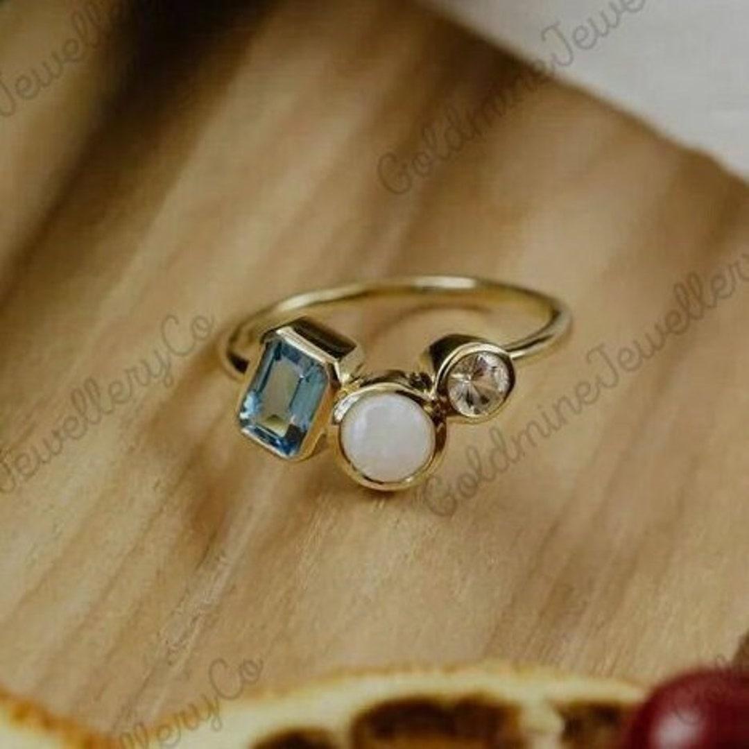 3 Stone Bezel Set Engagement Ring, 14k Yellow Gold Blue Emerald Opel ...