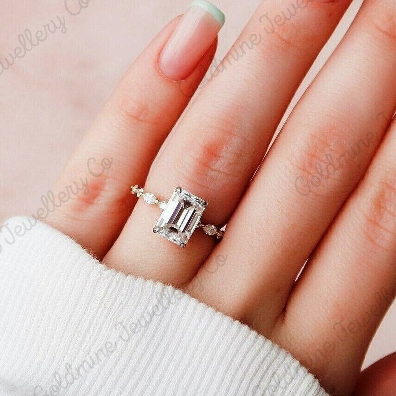 2.0 Ct Emerald Cut Moissanite Engagement Ring White Gold Women Unique ...