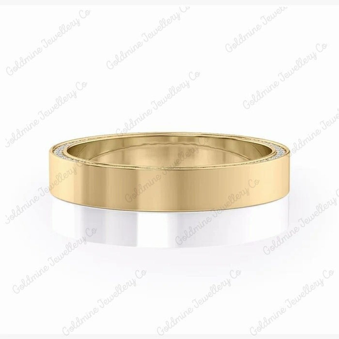 Hidden Side Pave Wedding Band Flat Top Marriage Band in 14k Real Solid ...