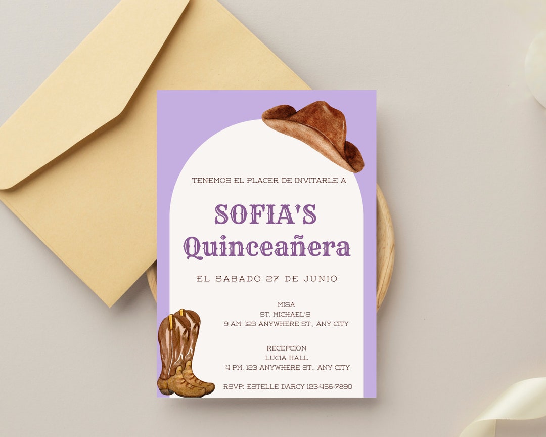 Vaquero Purple Quince Invitation, Ranchero Morada Quinceañera ...