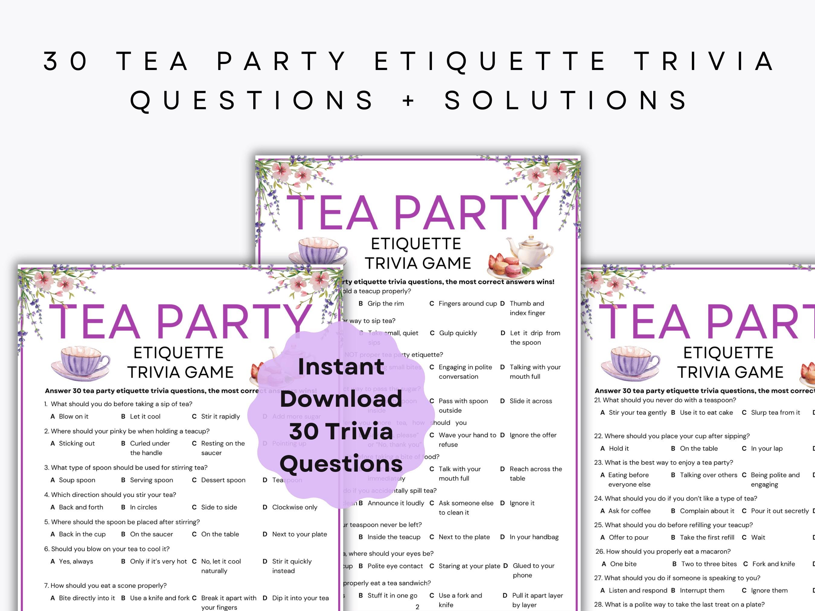 Tea Party Etiquette Trivia Game - 30 Trivia Questions - Afternoon Party ...