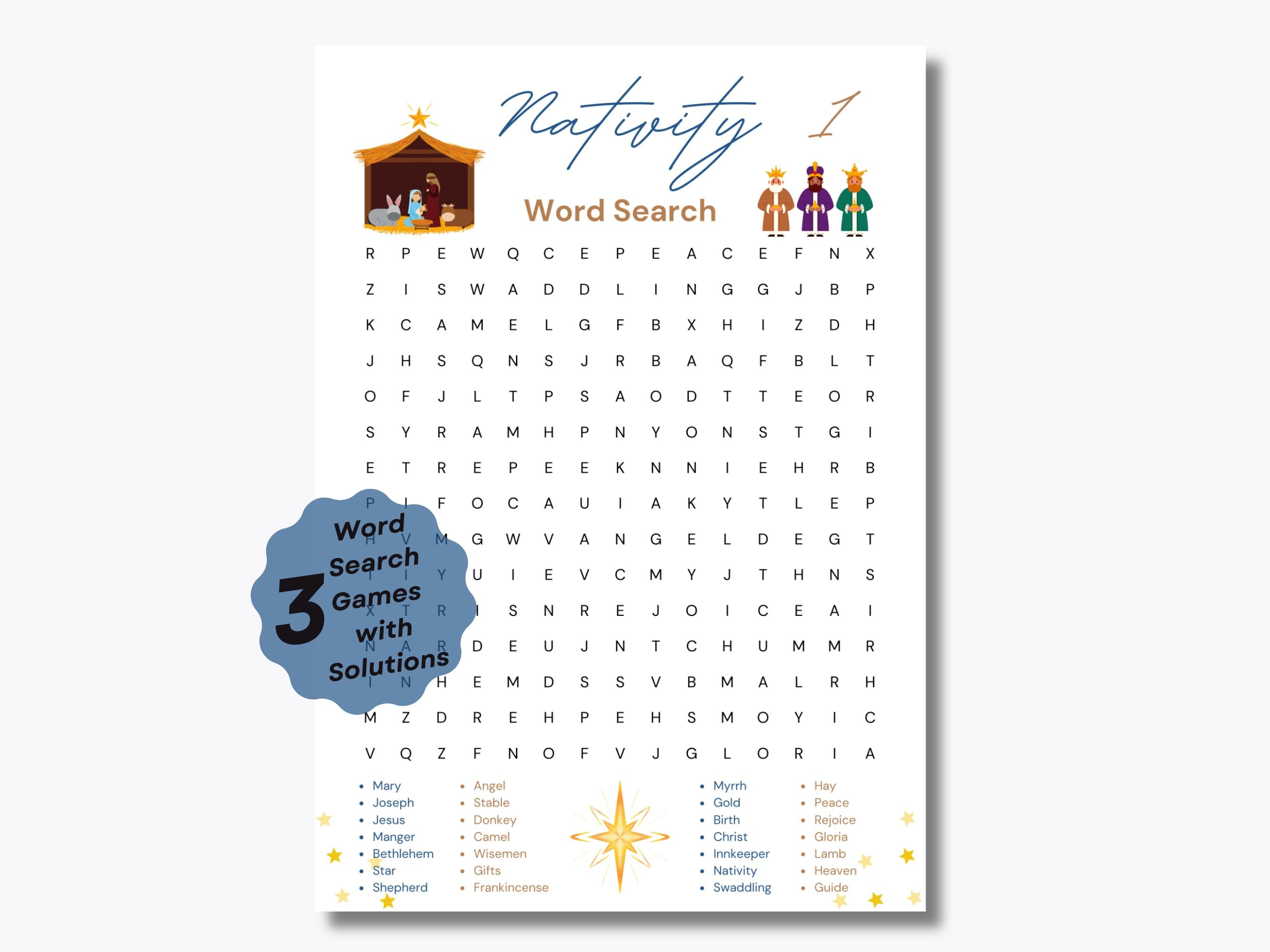 Nativity Word Search Game - 3 Printable Puzzles - Festive Holiday Party ...