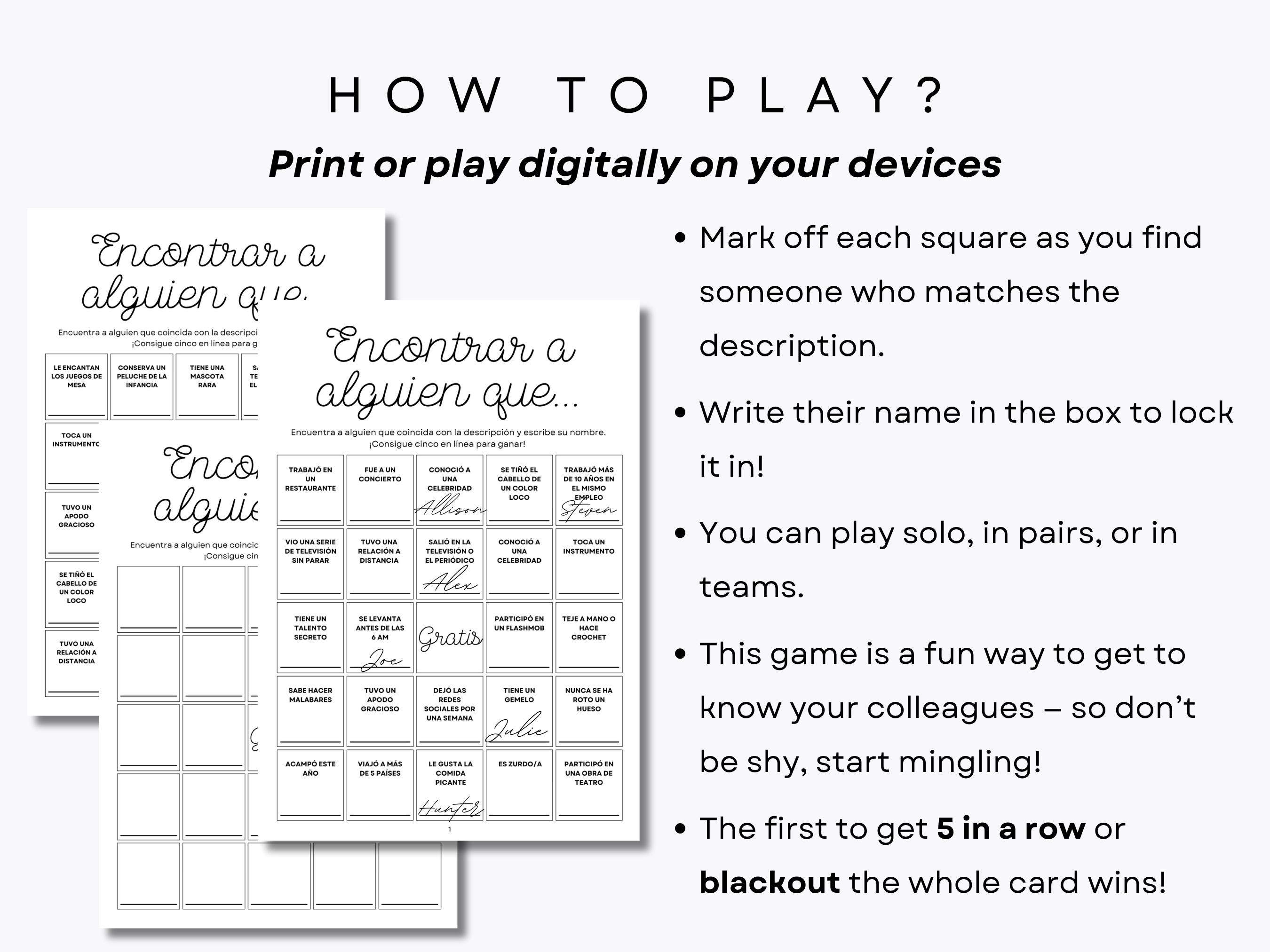 SPANISH Ice Breaker Bingo - 60 Unique Bingo Sheets - Find Someone Who ...