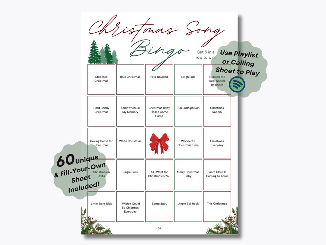 Christmas Song Bingo Game - 60 Unique Prefilled Bingo Sheets - Ready-to ...
