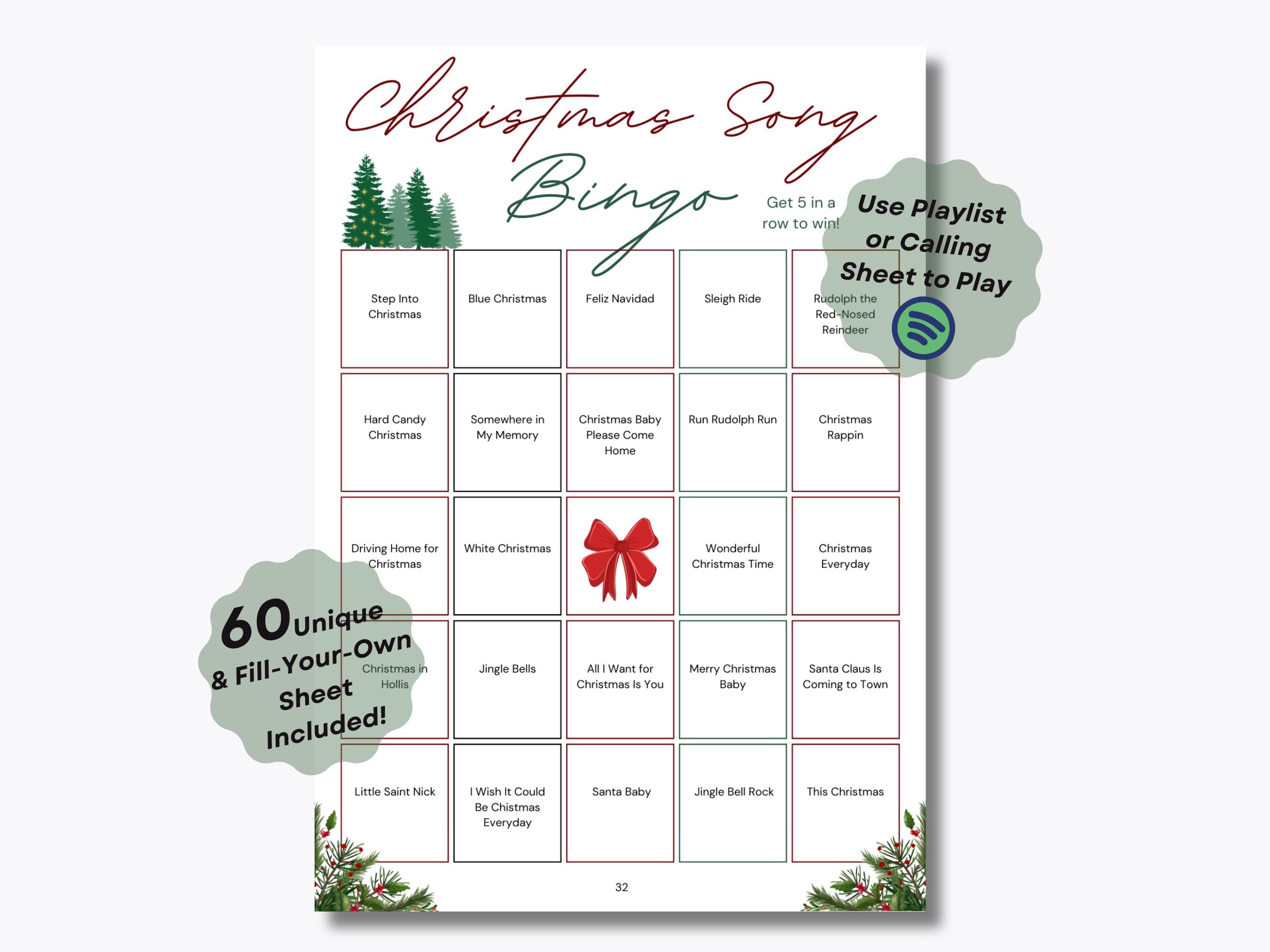 Christmas Song Bingo Game - 60 Unique Prefilled Bingo Sheets - Ready-to ...