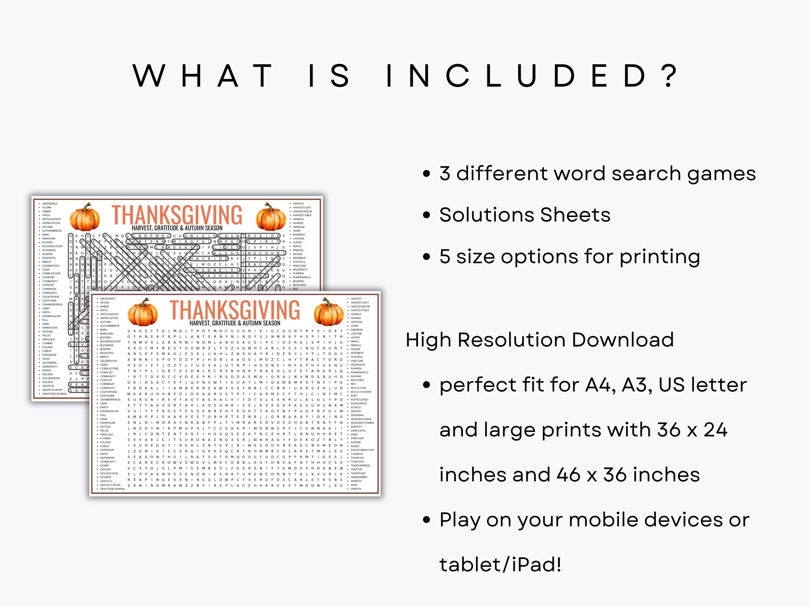 Giant XXL Thanksgiving Word Search Game - 100 Words - 3 Printable ...