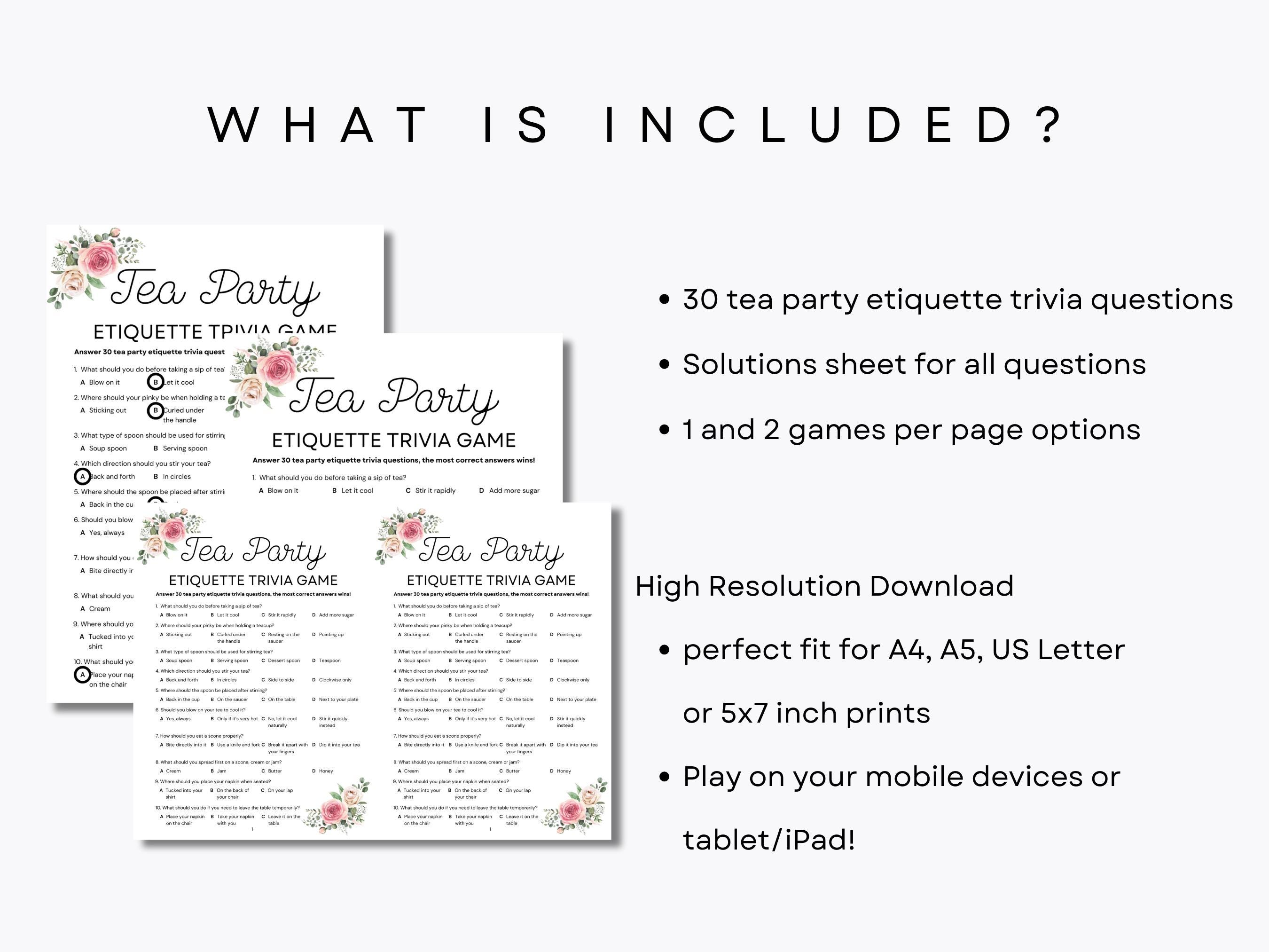 Tea Party Etiquette Trivia Game - 30 Trivia Questions - Afternoon Party ...