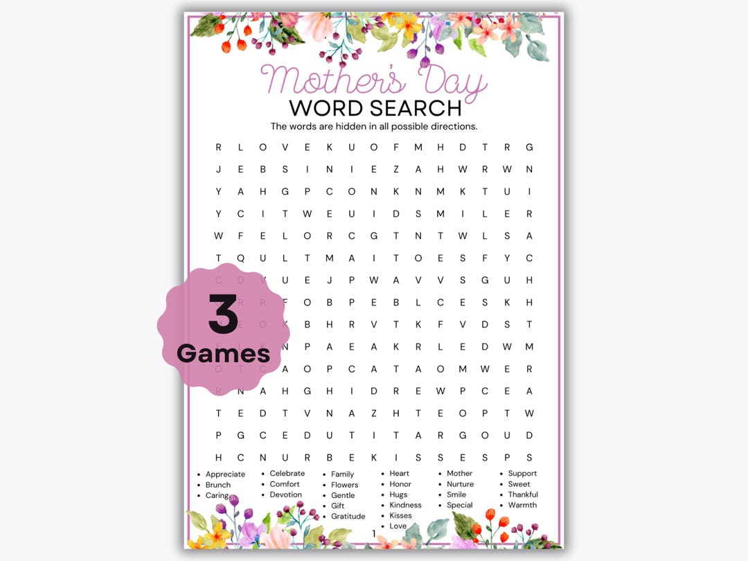 Mother's Day Word Search Game - 3 Printable Puzzles - Fun Worksheet ...