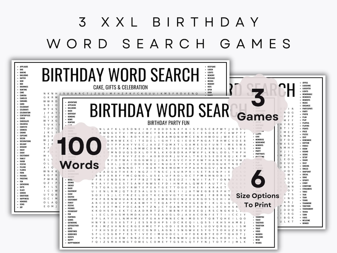 Giant XXL Birthday Party Word Search – 100 Words – 3 Printable Puzzles ...