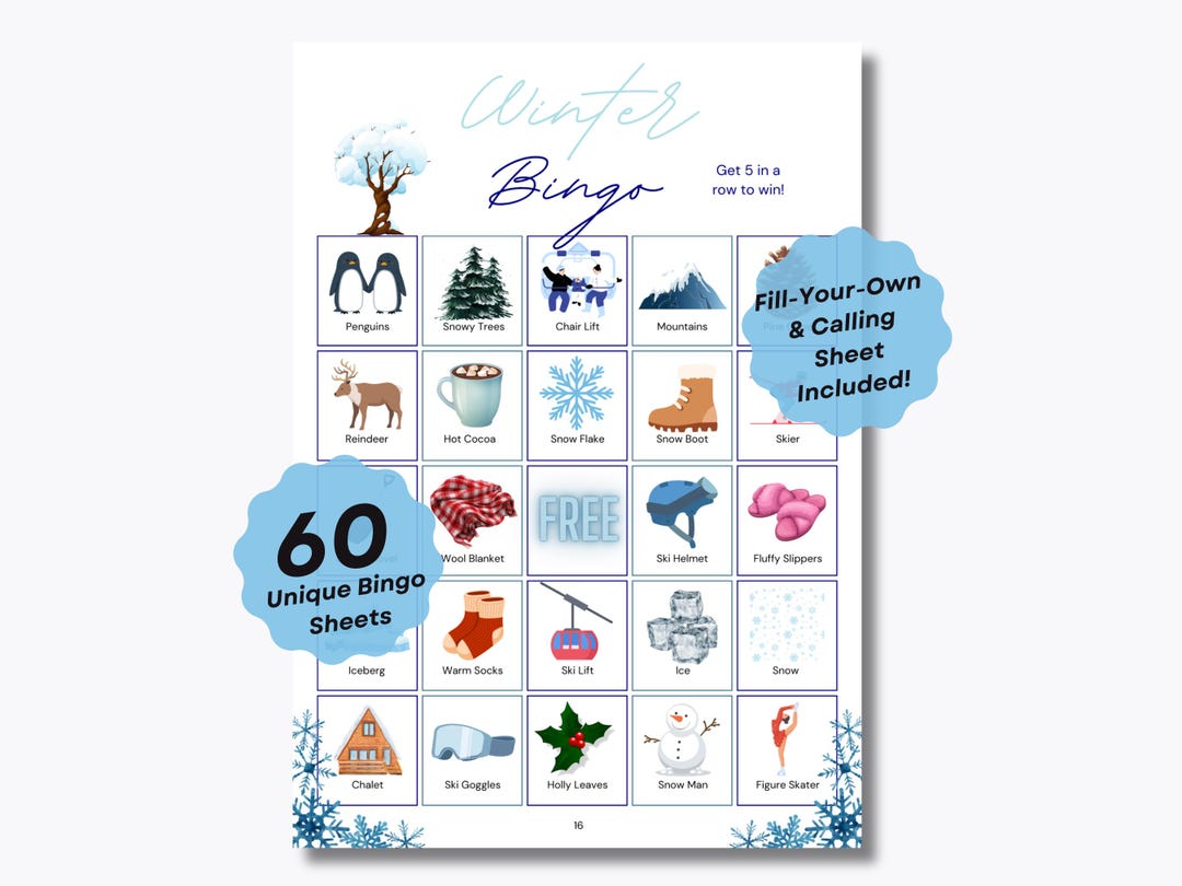 Winter Bingo Game - 60 Bingo Cards, Prefilled, Unique - Ready-to-play ...