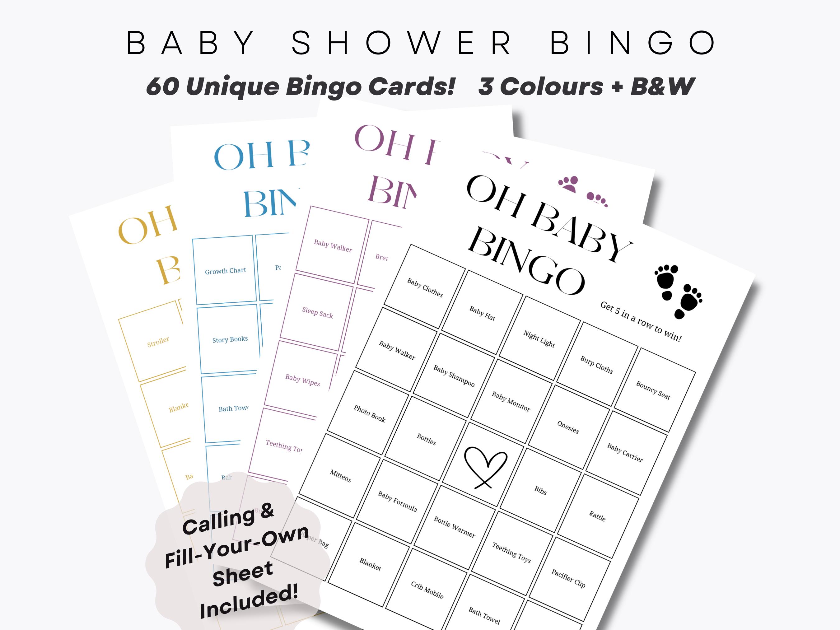 Baby Shower Bingo Game - 60 Unique Prefilled Bingo Sheets - Bingo Cards ...