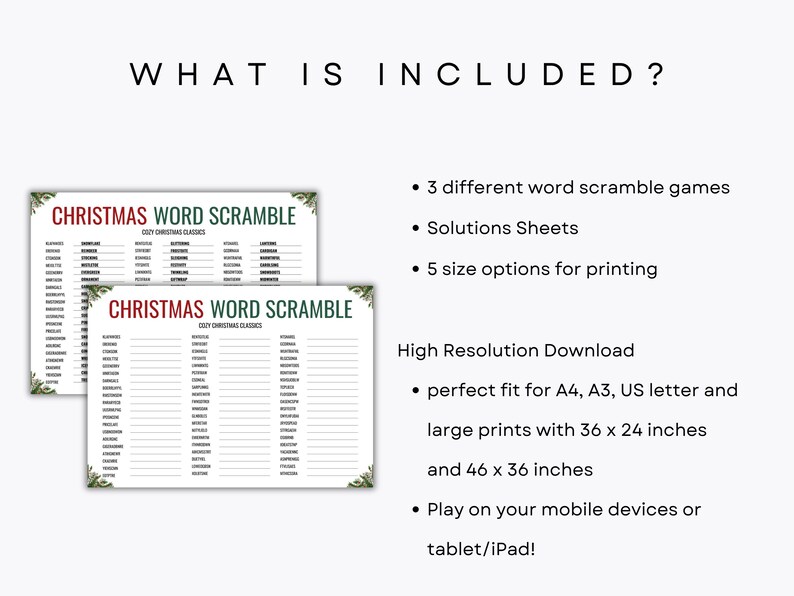 Giant XXL Christmas Word Scramble Game - 60 Words - 3 Printable Puzzles ...