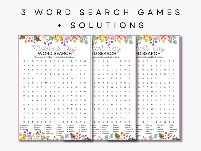 Mother's Day Word Search Game - 3 Printable Puzzles - Fun Worksheet ...
