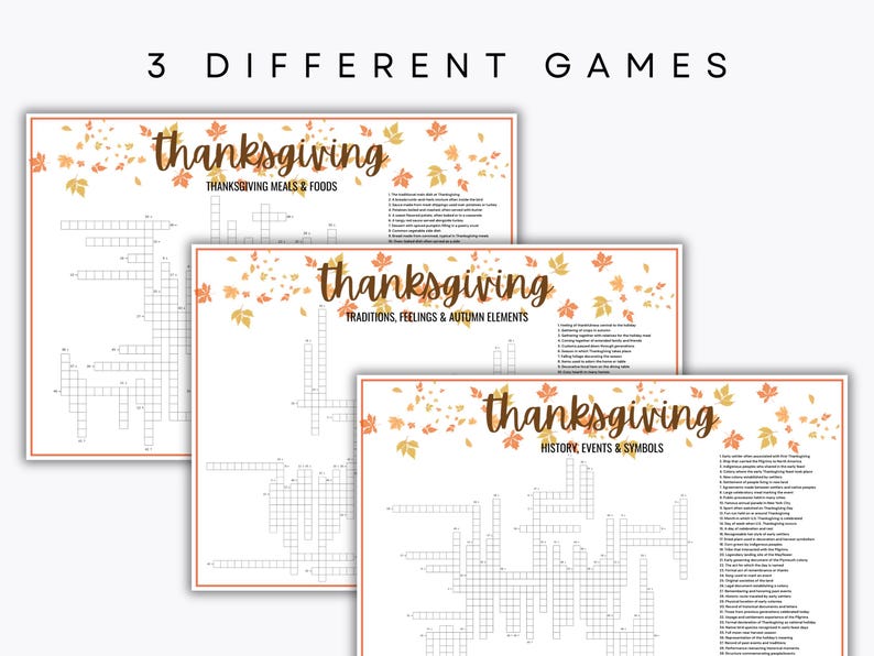 Giant XXL Thanksgiving Cross Words Game - 3 Printable Puzzles - Fun ...