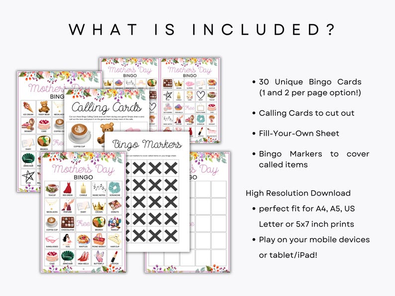 Mother’s Day Bingo – 30 Unique Game Cards – Printable Mother’s Day ...