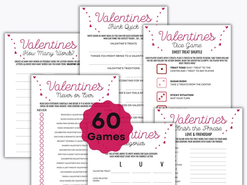 Valentine's Games Bundle – 60 Printable Games – Valentines Activities ...