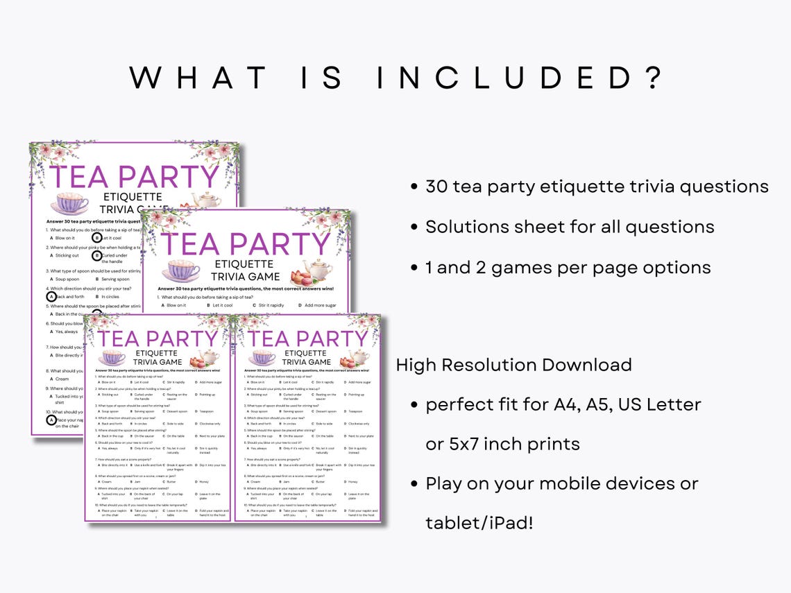 Tea Party Etiquette Trivia Game - 30 Trivia Questions - Afternoon Party ...