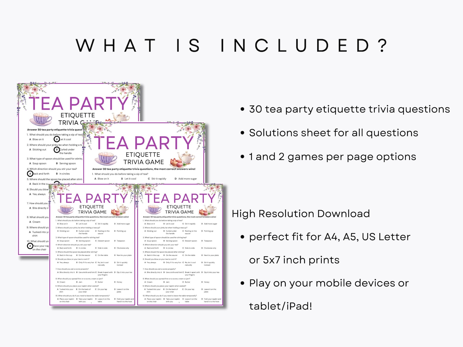 Tea Party Etiquette Trivia Game - 30 Trivia Questions - Afternoon Party ...