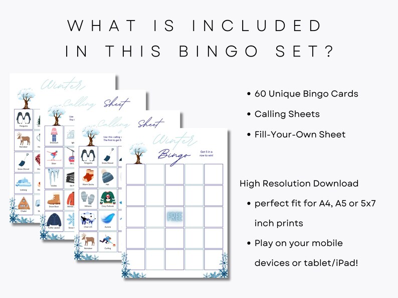 Winter Bingo Game - 60 Bingo Cards, Prefilled, Unique - Ready-to-play ...