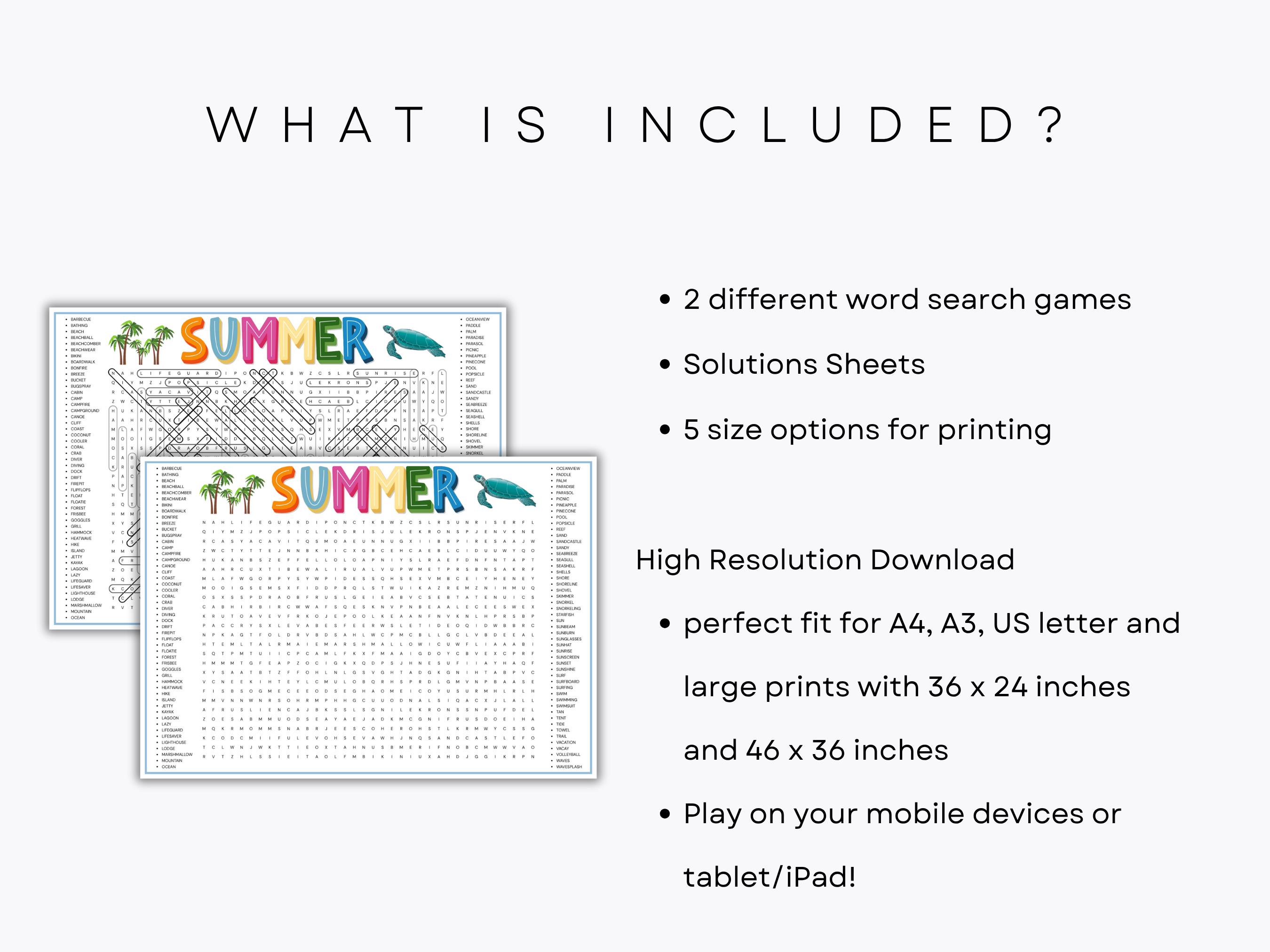 Giant XXL Summer Word Search Game - 100 Words - 2 Printable Puzzles ...