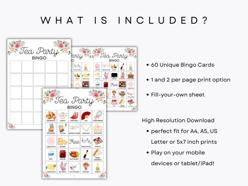 Tea Party Bingo – 60 Cards – Printable Tea Party Activity – Fun Family ...