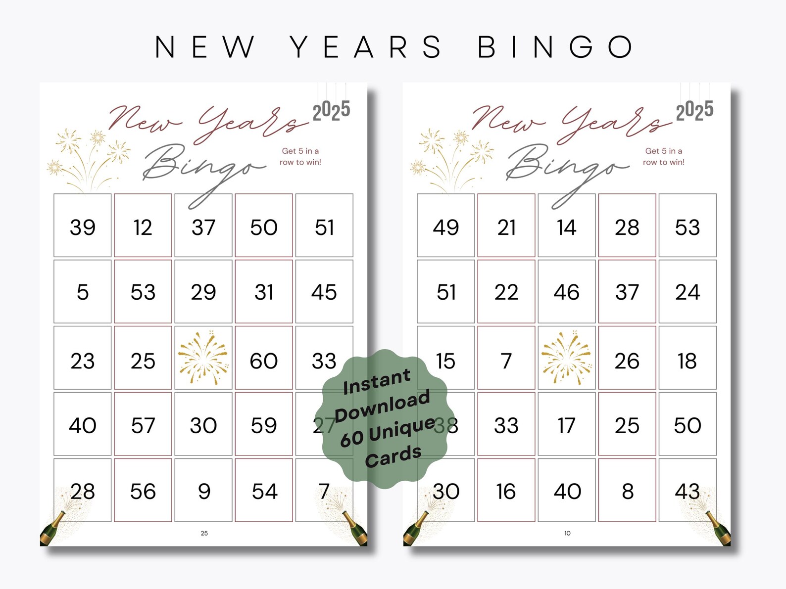 New Year Bingo Game - 60 Unique Prefilled Bingo Sheets - Ready-to-play ...