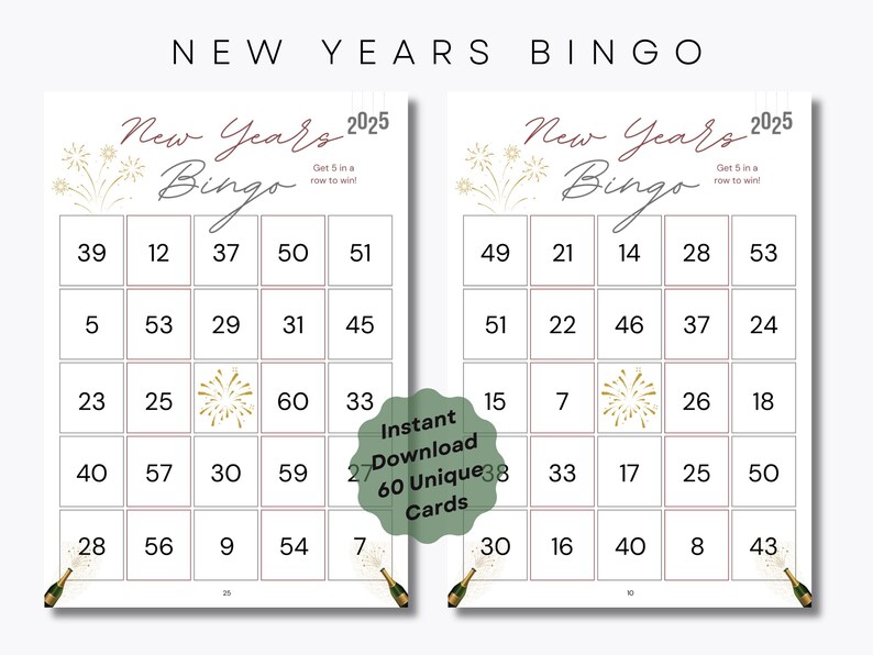 New Year Bingo Game - 60 Unique Prefilled Bingo Sheets - Ready-to-play ...