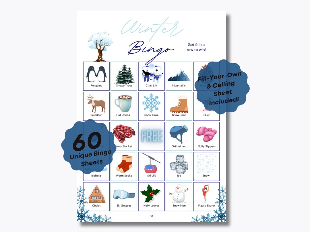 Winter Bingo Game 60 Bingo Cards, Prefilled, Unique Ready-to-play ...