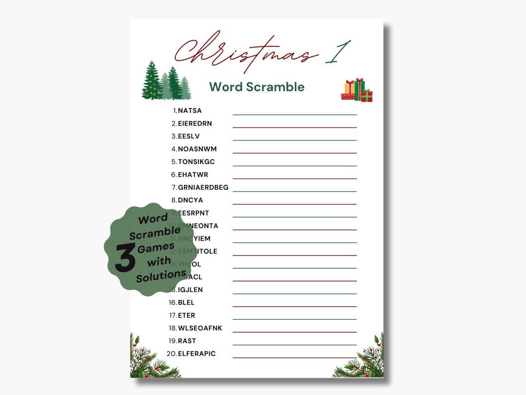 Christmas Word Scramble Game - 3 Printable Puzzles - Festive Holiday ...