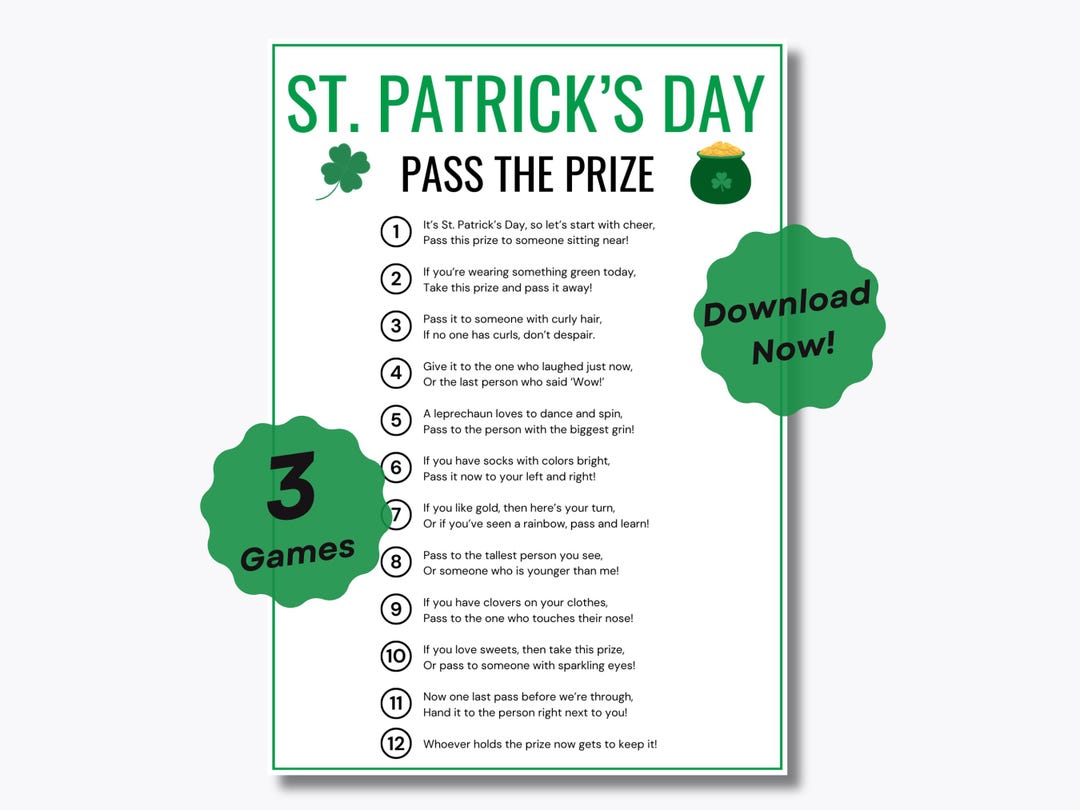 3 St. Patrick's Day Pass the Prize Games - Leprechaun Rhymes - Family ...