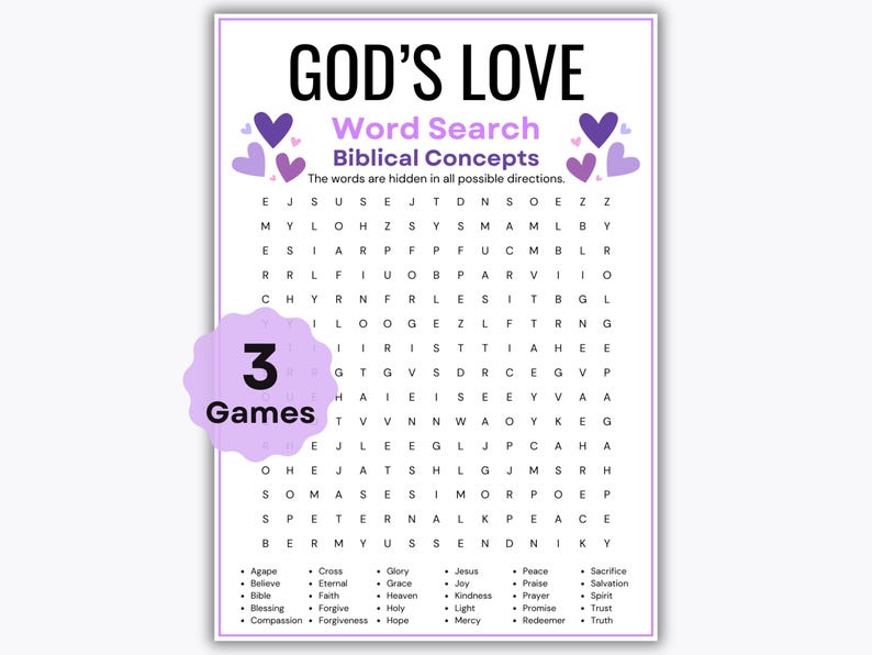 Gods Love Word Search Games - 3 Printable Games - Church Games - Bible ...