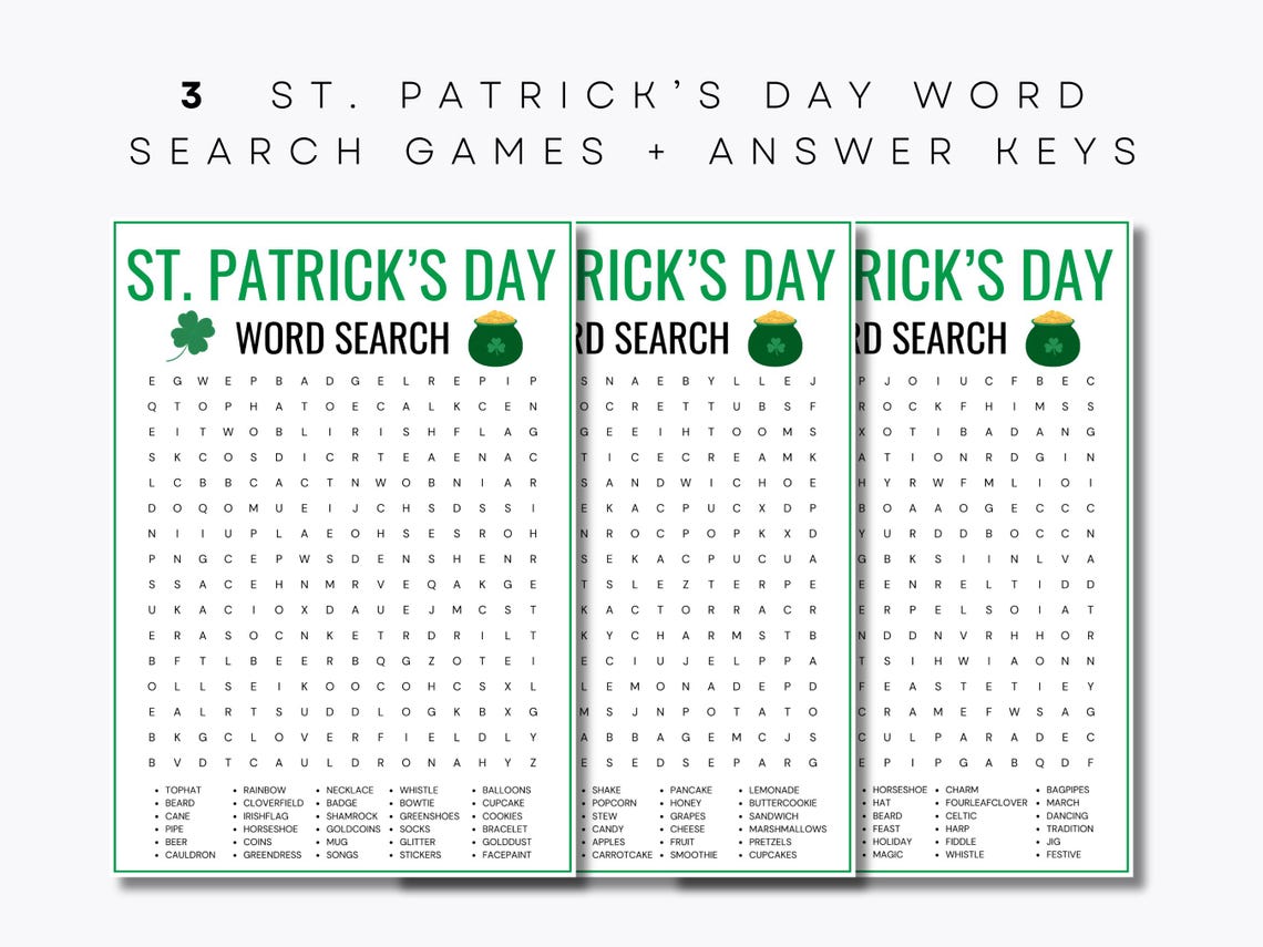 3 St. Patrick's Day Word Search Game - 3 Printable Puzzles - Fun ...