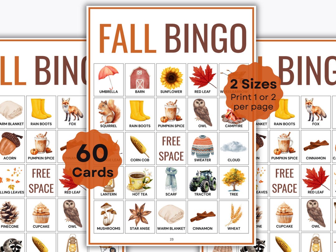 Fall Bingo Game - 60 Cards – Icebreaker Activity - Thanksgiving Games ...