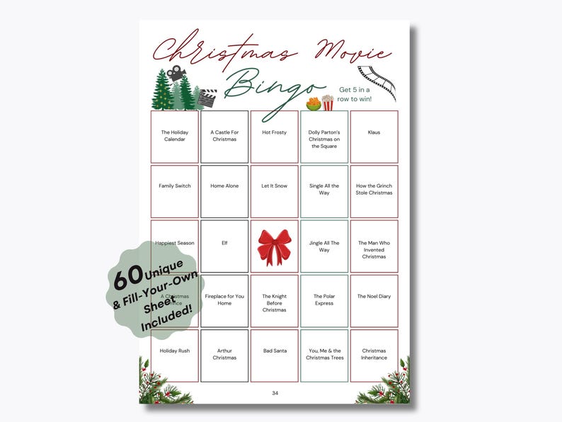 Christmas Movie Game - 60 Unique Prefilled Bingo Sheets - Ready-to-play ...