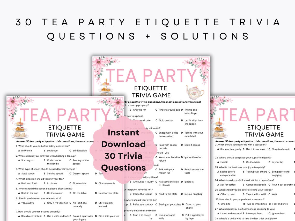 Tea Party Etiquette Trivia Game - 30 Trivia Questions - Afternoon Party ...