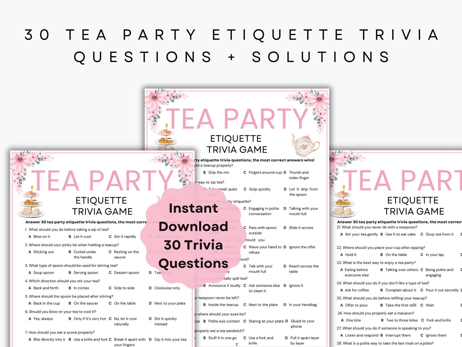Tea Party Etiquette Trivia Game - 30 Trivia Questions - Afternoon Party ...