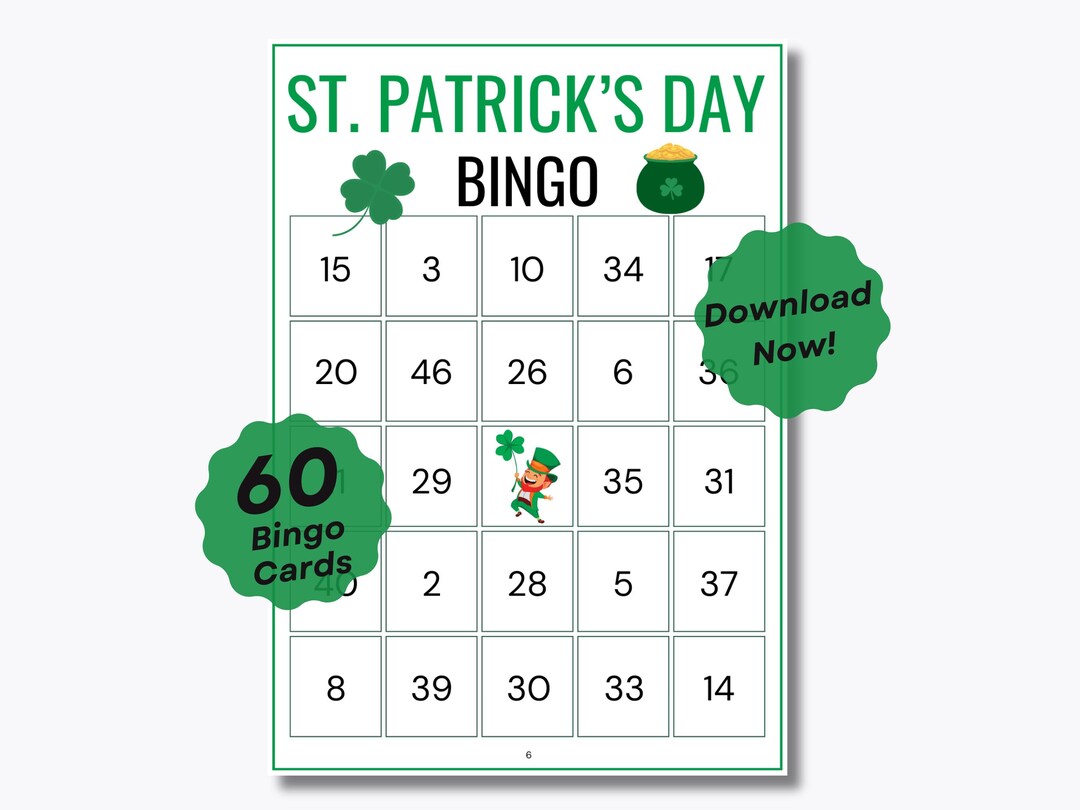 60 St. Patrick's Day Bingo Game - 60 Unique Prefilled Bingo Sheets ...