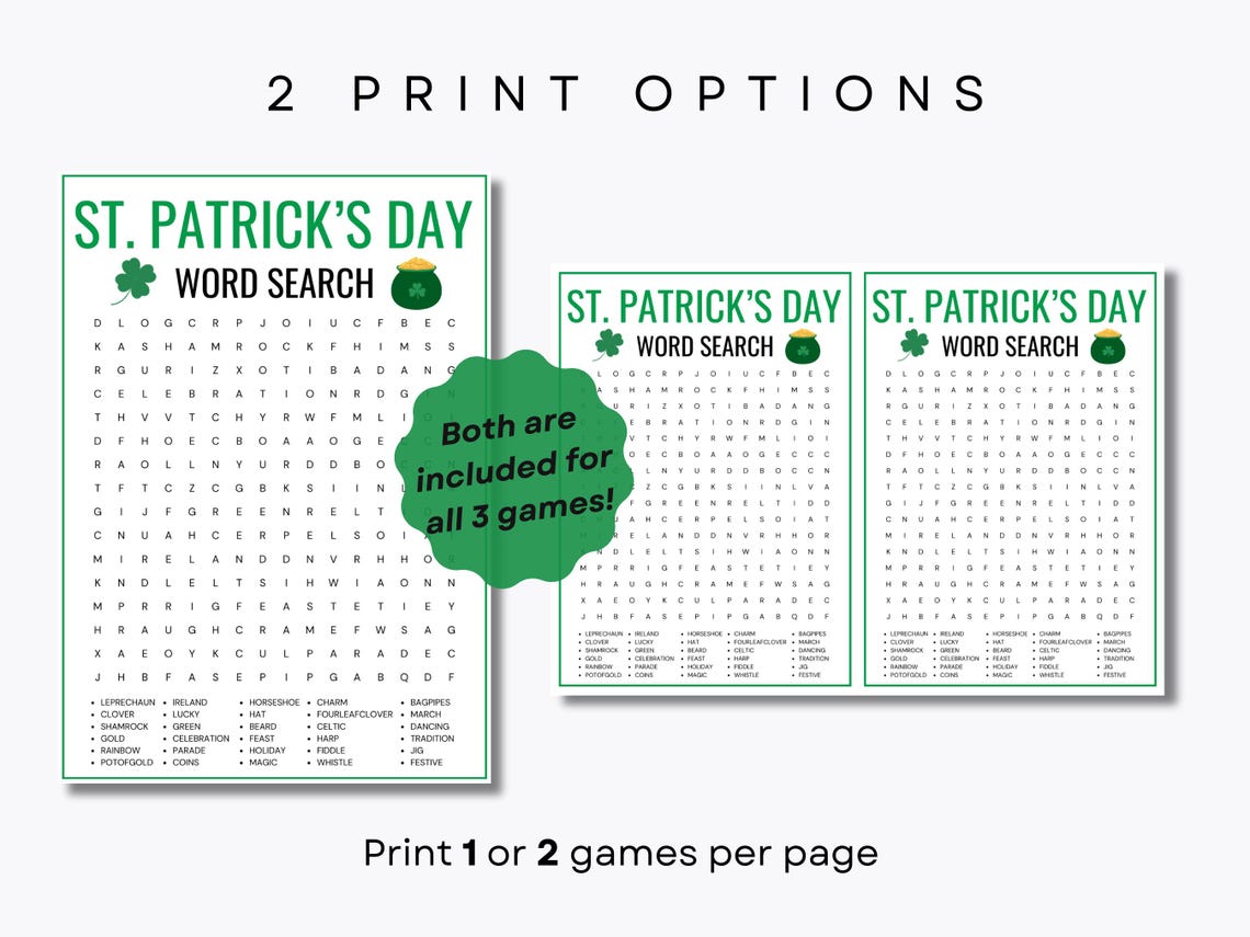 3 St. Patrick's Day Word Search Game - 3 Printable Puzzles - Fun ...
