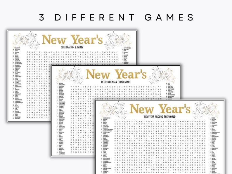 Giant XXL New Years Word Search Game - 100 Words - 3 Printable Puzzles ...