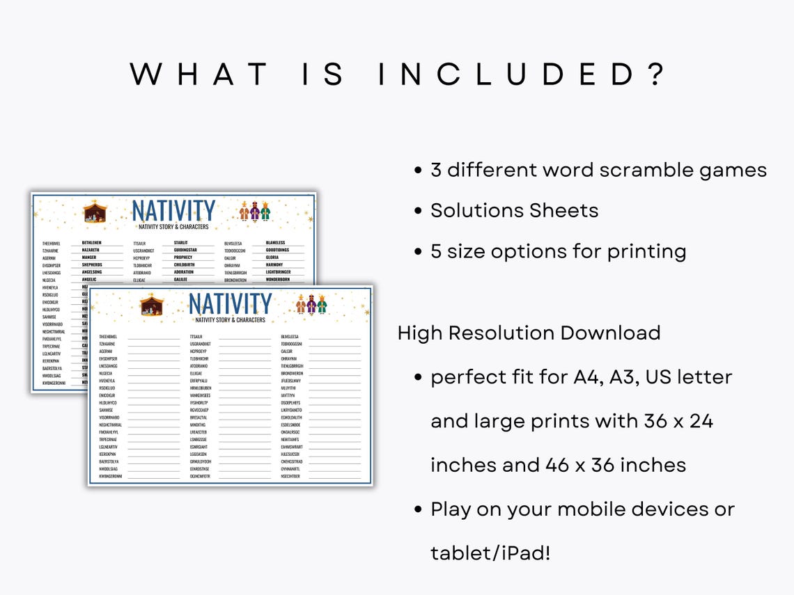 Giant XXL Nativity Word Scramble Game - 100 Words - 3 Printable Puzzles ...