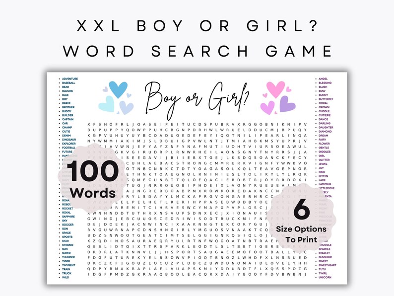 Giant XXL Boy or Girl Word Search – Gender Reveal Party – 100 Baby ...