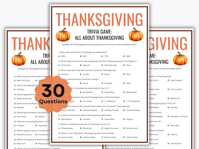 Thanksgiving Trivia Game – 30 Trivia Questions - 3 Printable Game ...