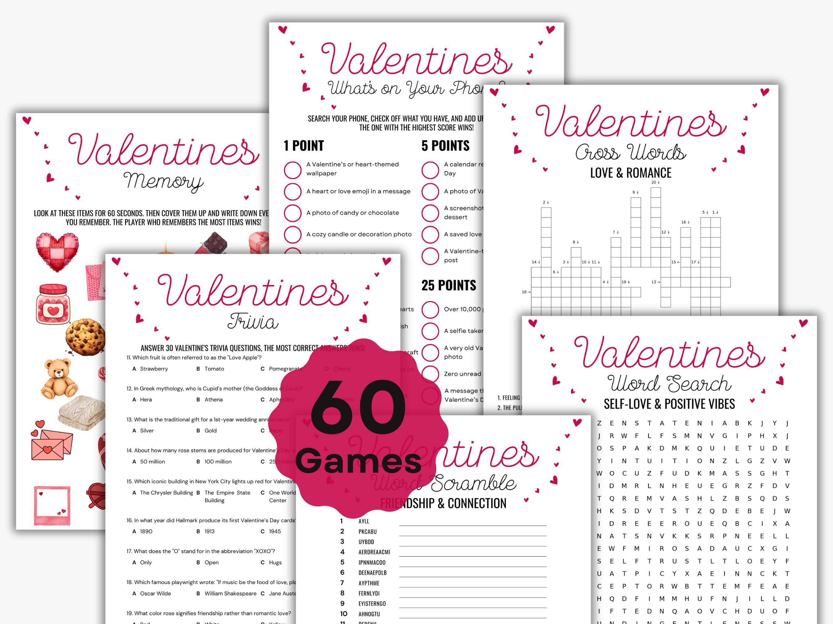 Valentine's Games Bundle – 60 Printable Games – Valentines Activities ...