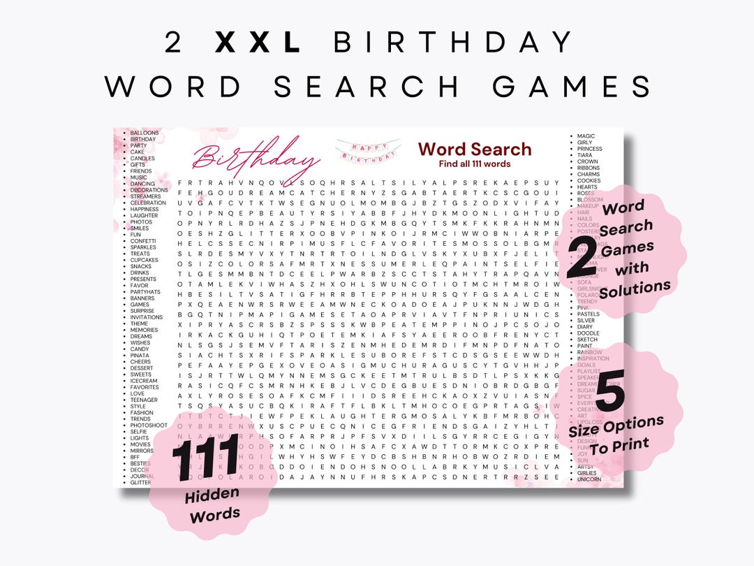 Giant XXL Birthday Word Search Game - 111 Words - 2 Printable Puzzles ...