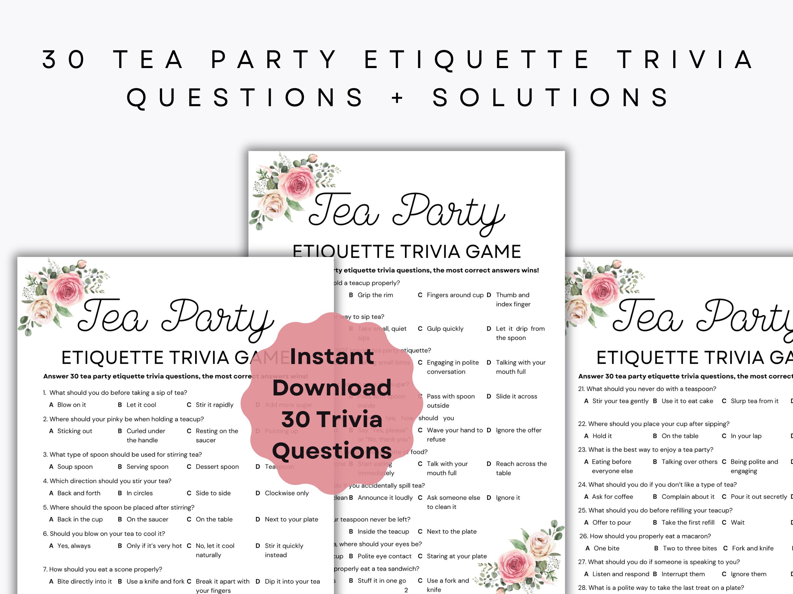 Tea Party Etiquette Trivia Game - 30 Trivia Questions - Afternoon Party ...