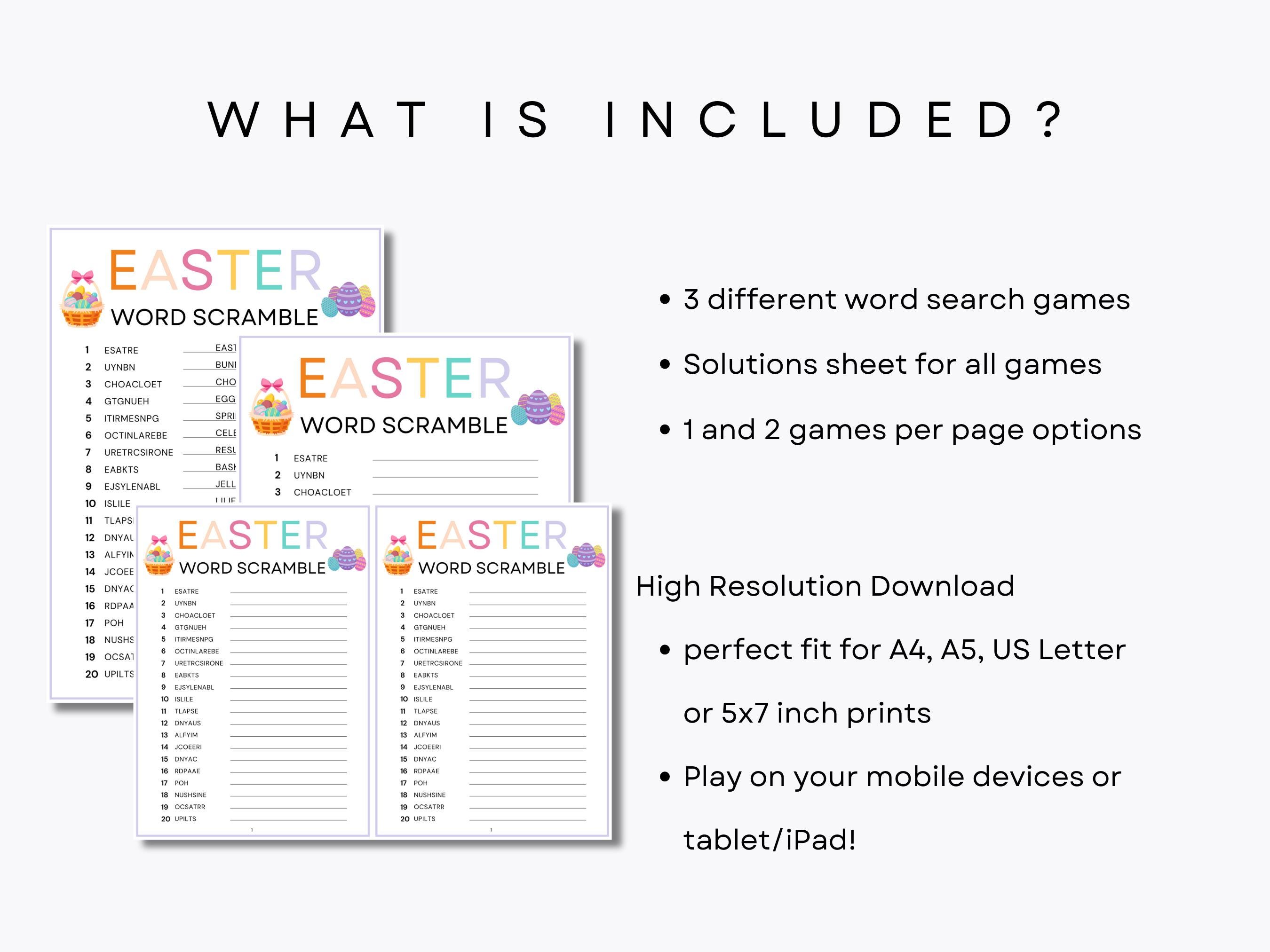 3 Easter Word Scramble Game – Printable Puzzles – Festive Spring Party ...