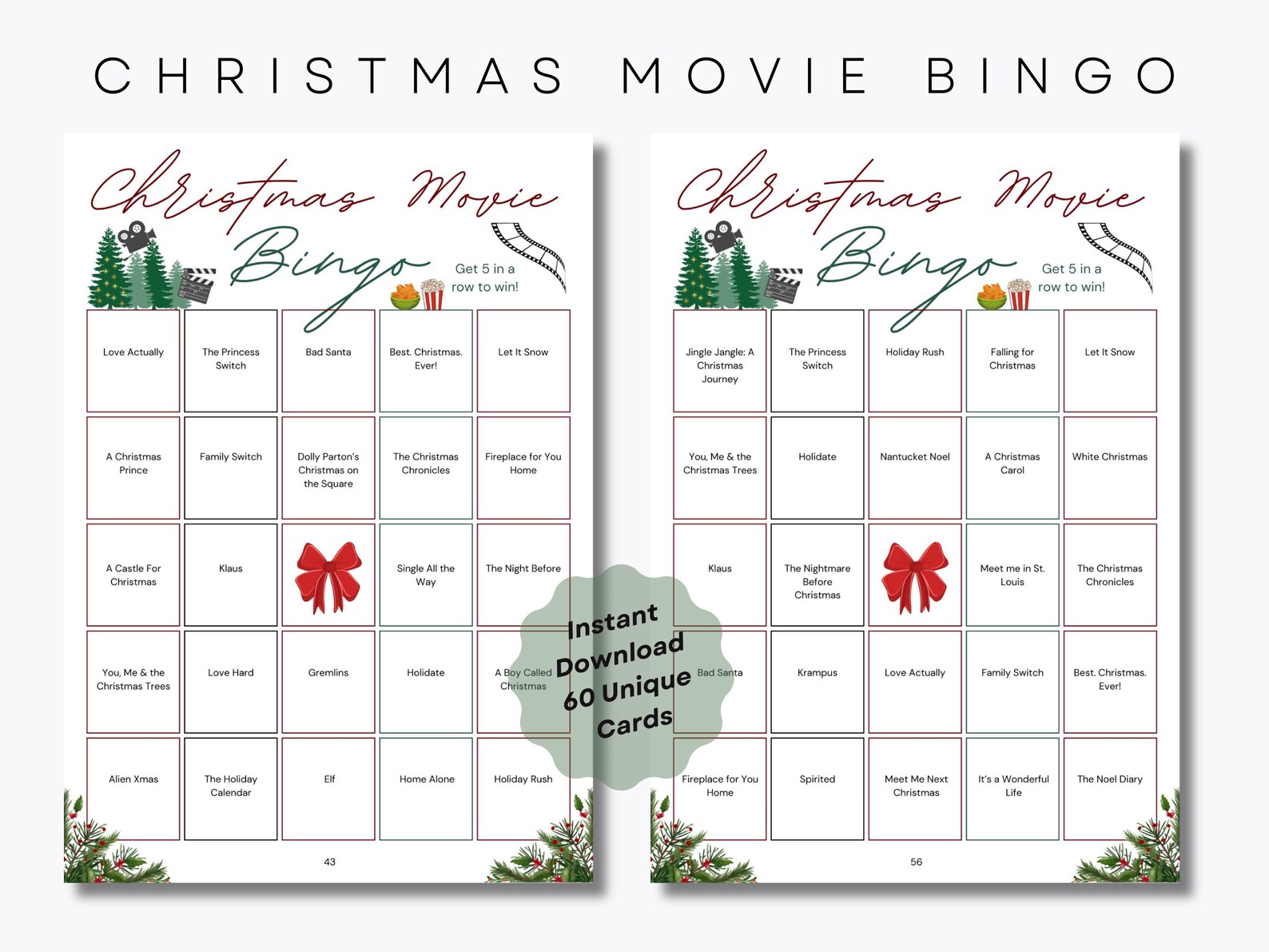 Christmas Movie Game - 60 Unique Prefilled Bingo Sheets - Ready-to-play ...